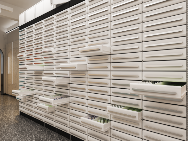 Pharmacy Shopfitting and Design with Storage Drawers System